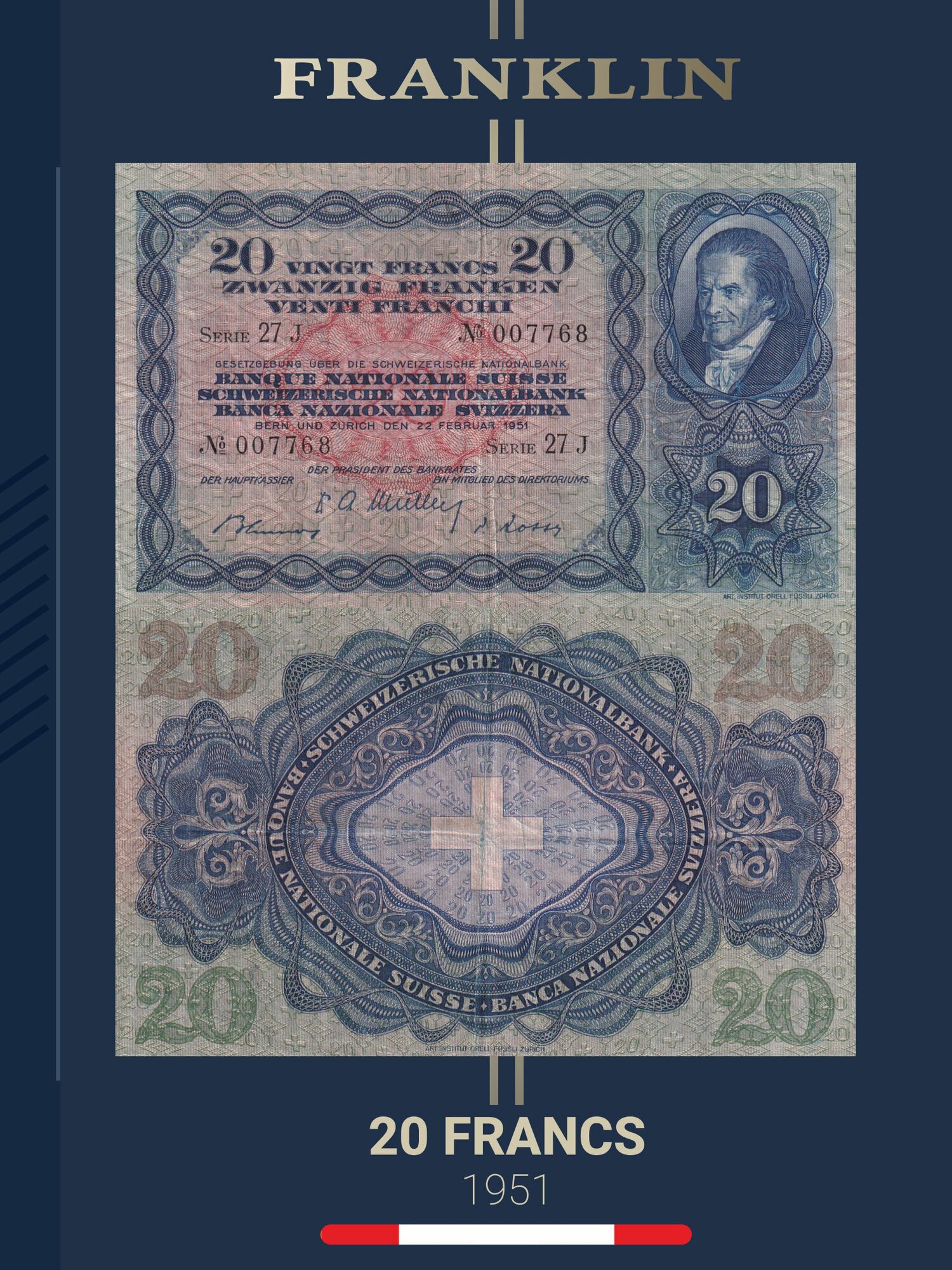 Банкнота Швейцария 20 франков 1951 год (VF) Pick 39