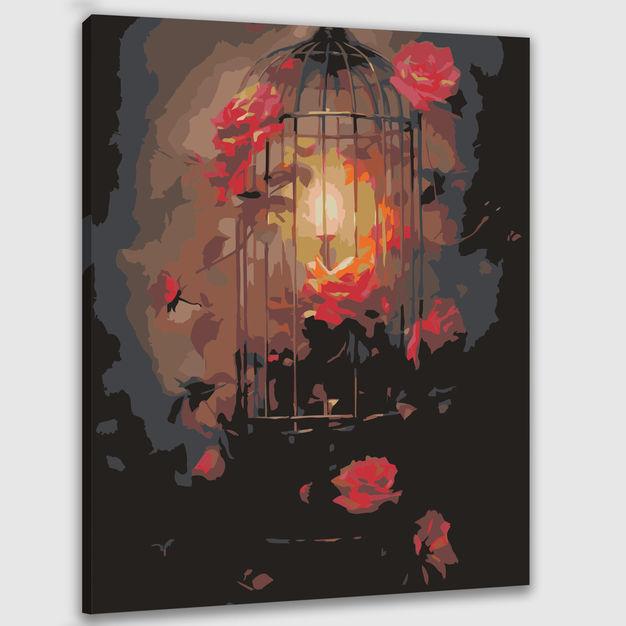 Картина по номерам 40x50 см, картина маслом, розы, клетка, ярко-красные лепестки, приглушенный фон, смелые мазки