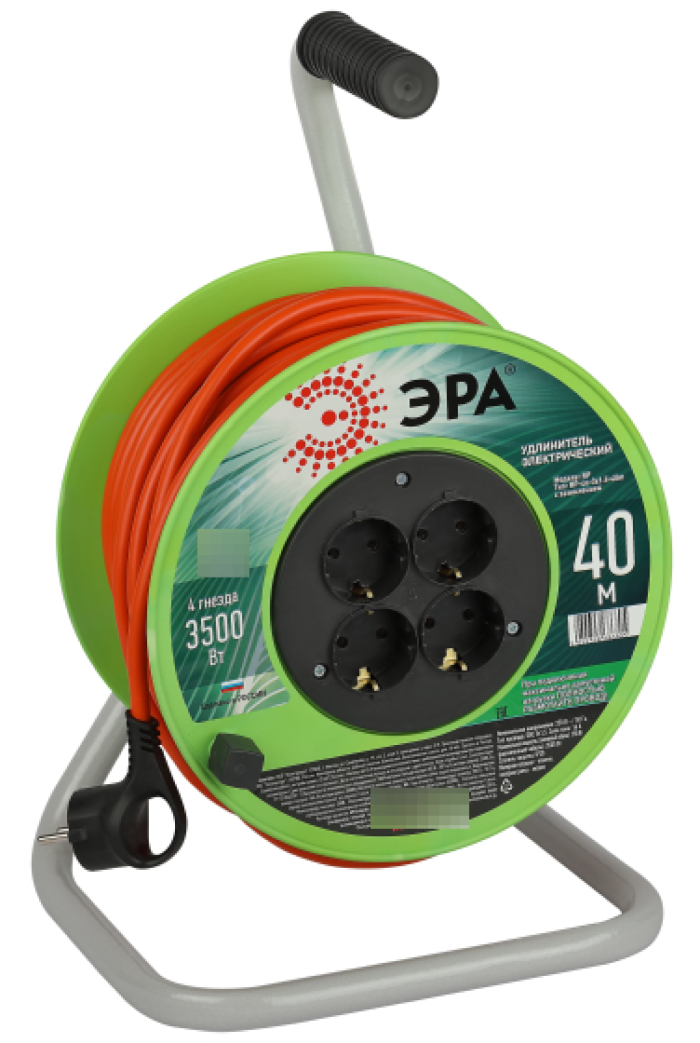 Удлинитель силовой на катушке ЭРА RP-4e-3x1.5-40m пластик c заземлением, провод ПВС 3х1.5мм2 оранжевый, 4 розетки, 40м, Б0056103 / электрика