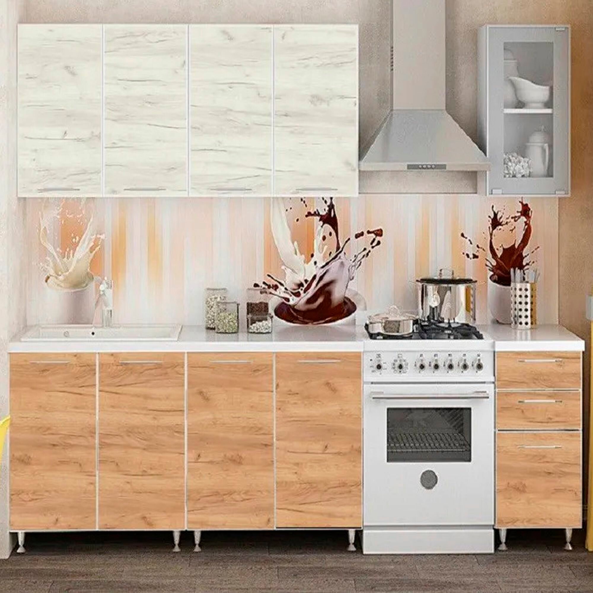 Кухонный гарнитур Фасад Радуга 2,0м , Дуб Крафт Золотой / Дуб Крафт Белый, ширина 200 см, со столешницей, с полками и ящиками, для дома и квартиры на кухню