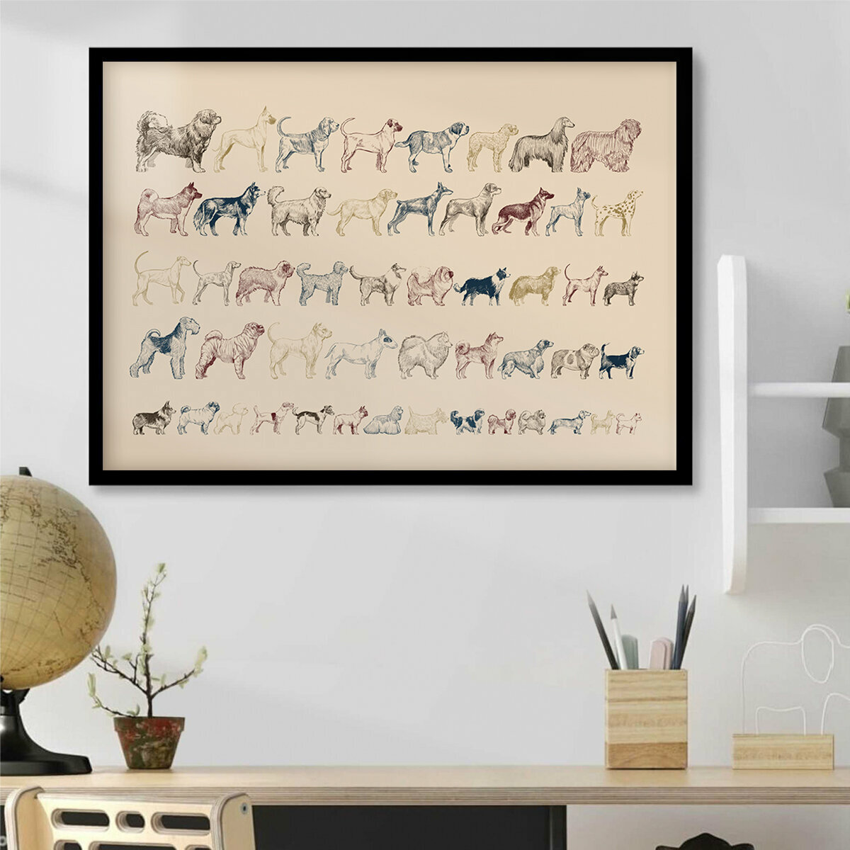 Постер "Собаки, породы собак" в черной рамке 50x70 см для интерьера на стену