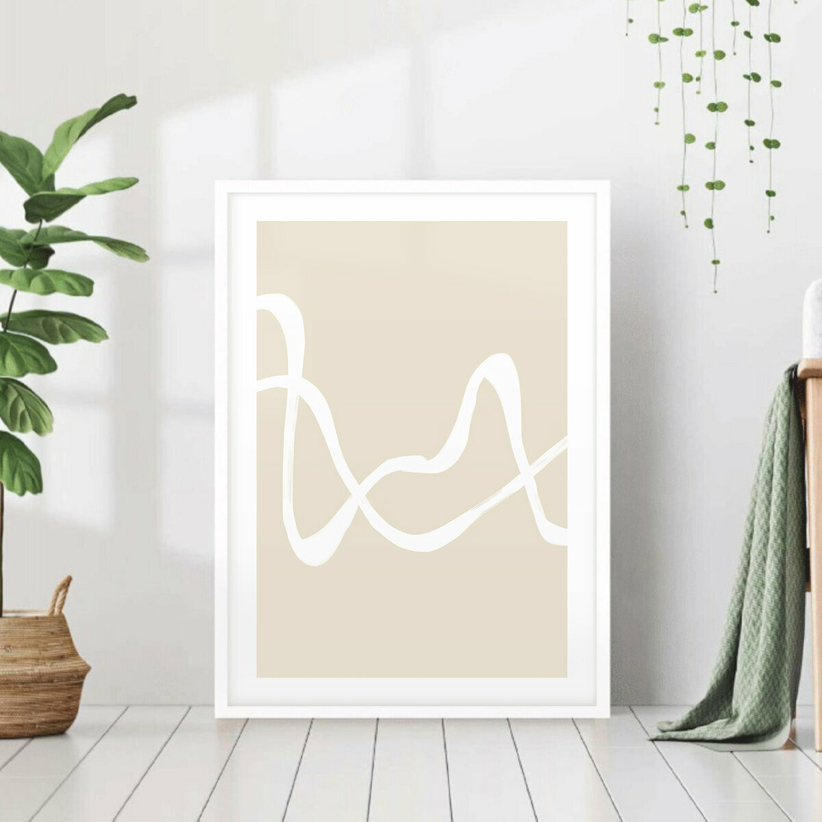 Постер "Абстрактные белые ленты на бежевом" 50x70 в белой рамке на стену для интерьера
