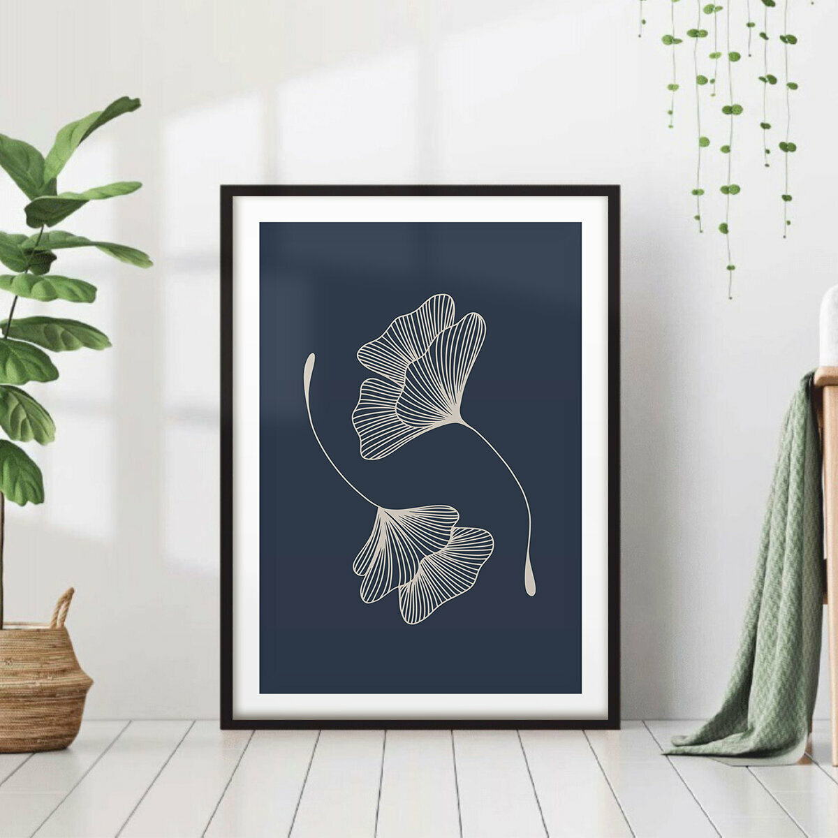 Постер "Два цветка на темном фоне рисунок" в черной рамке 40x50 см для интерьера на стену