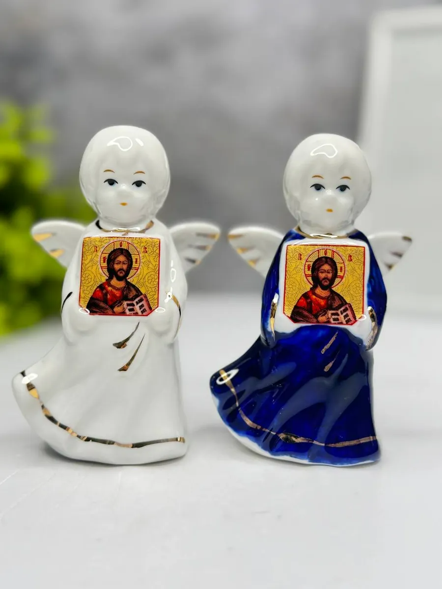 Набор фигурок Ангелочки с иконами Иисуса Христа, синий/белый 10 см