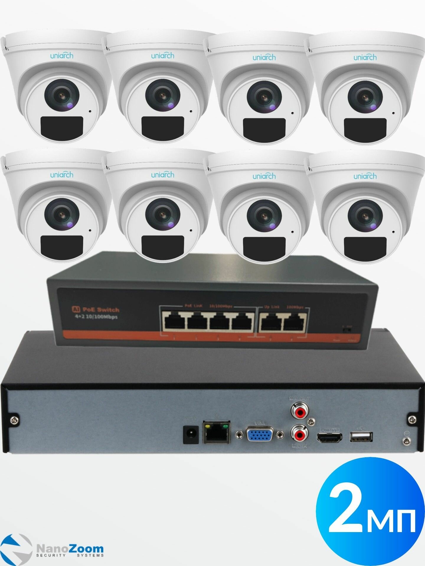 Комплект видеонаблюдения Uniarch 8 купольных IP-камеры 2Мп + Dahua NVR-видеорегистратор 16 канальный 4K + коммутатор ИИ с 8 PoE