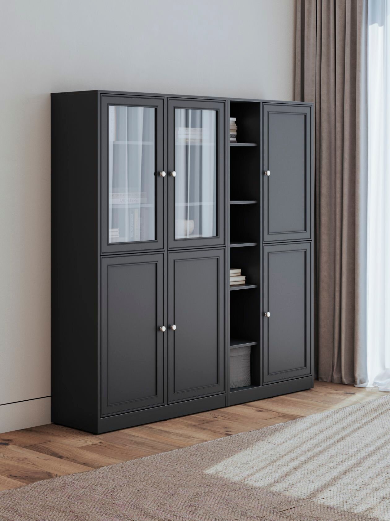 Гостиная комплект Люсиль шкаф-витрина, шкаф 177.2х40.1х180.6 см, Графит