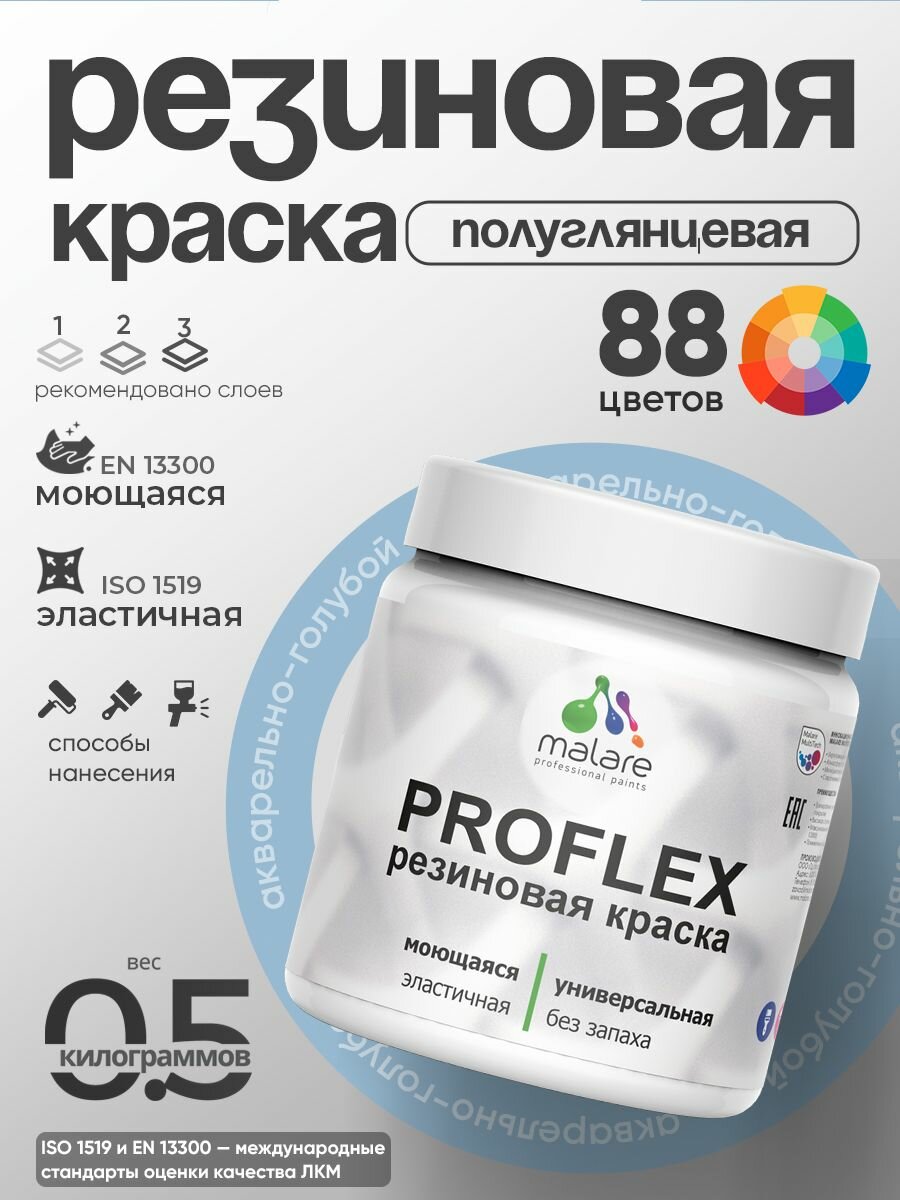 Краска резиновая Malare ProfleX жидкая резина для наружных и внутренних работ, быстросохнущая моющаяся, полуглянцевая, акварельно-голубой, 0.5 кг