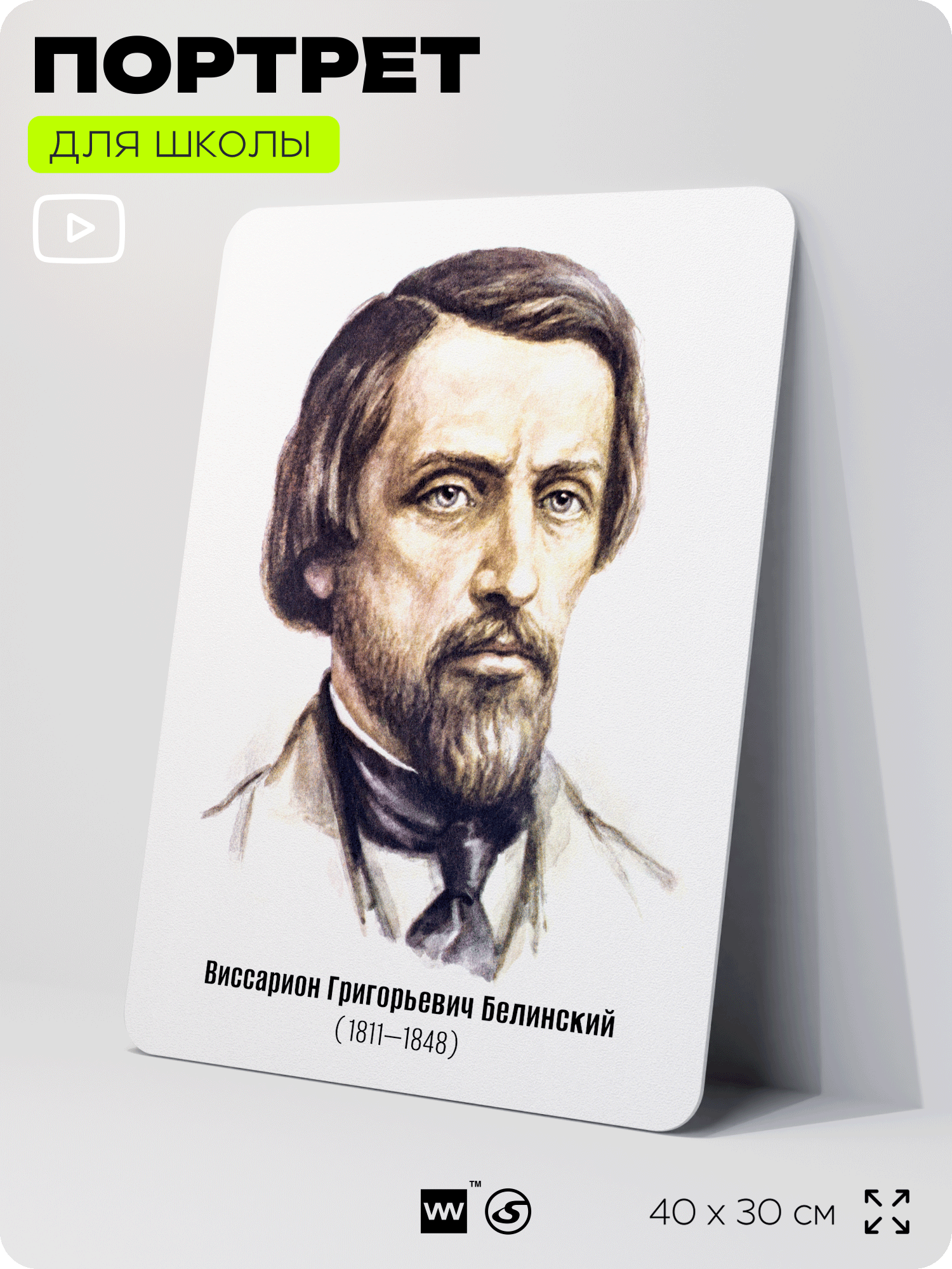 Портрет для школы в кабинет литературы и русского языка "Белинский Виссарион Григорьевич", стенд школьный для класса, для оформления классного уголка, 40х30 см, Silver Plane x Айдентика Технолоджи