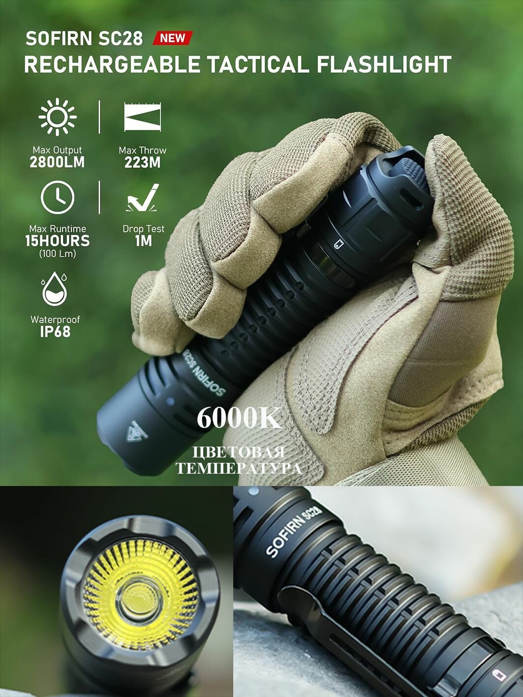 Sofirn SC28 XHP50B 6000K Type-C Перезаряжаемый тактический фонарик 2800лм аккумулятор 21700