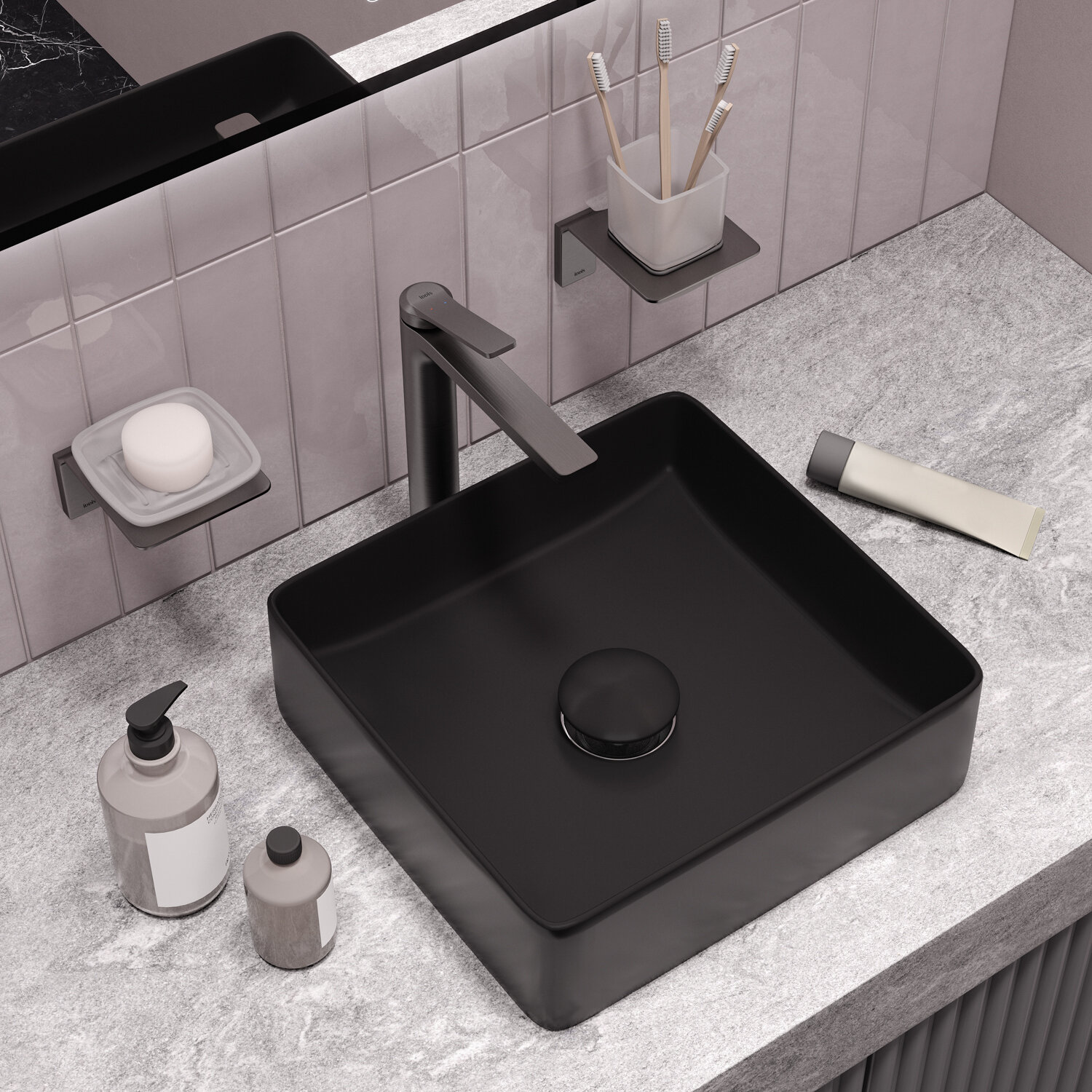 Комплект 2в1: раковина и выпуск IDDIS Basic BASBM01i27 черный матовый