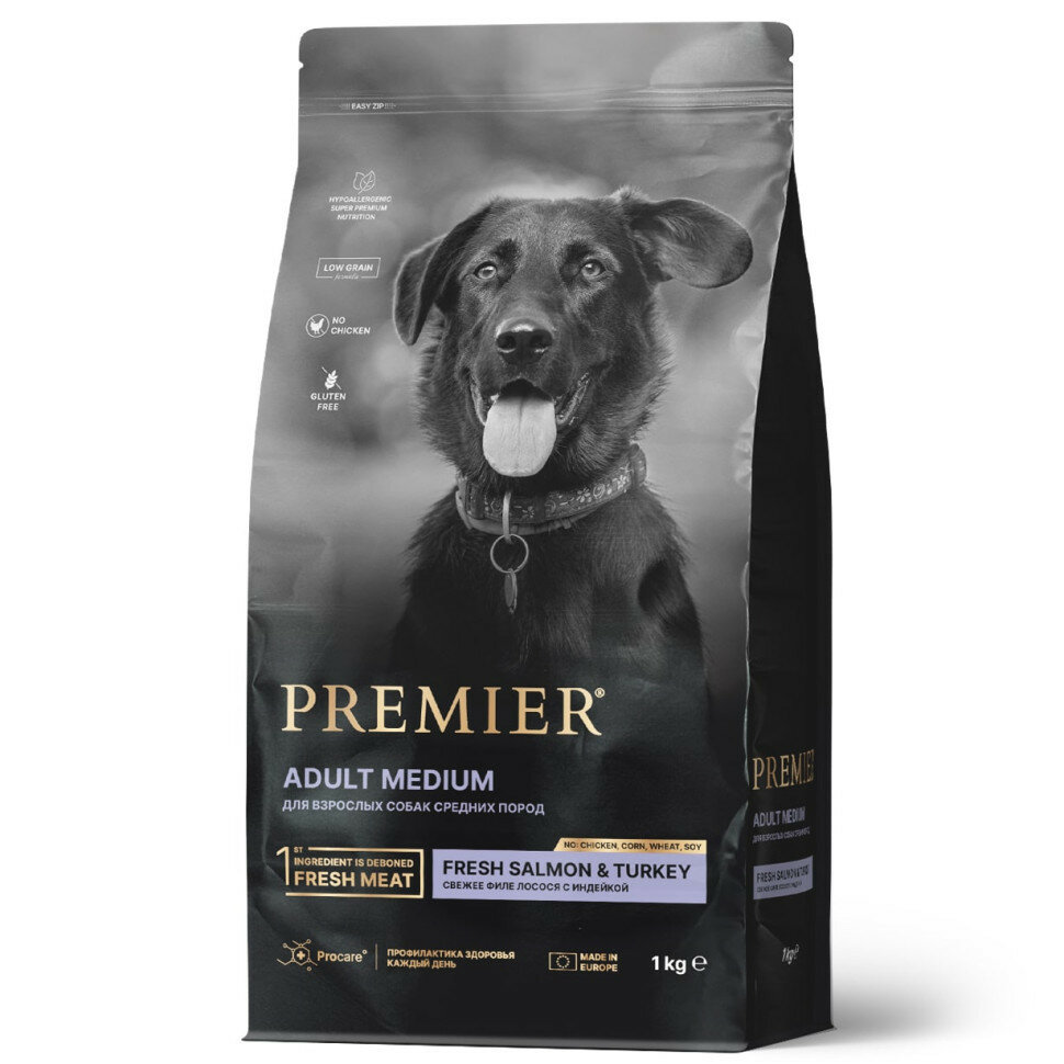Premier Dog Salmon & Turkey Adult Medium сухой корм для собак средних пород, свежее филе лосося с индейкой - 1 кг
