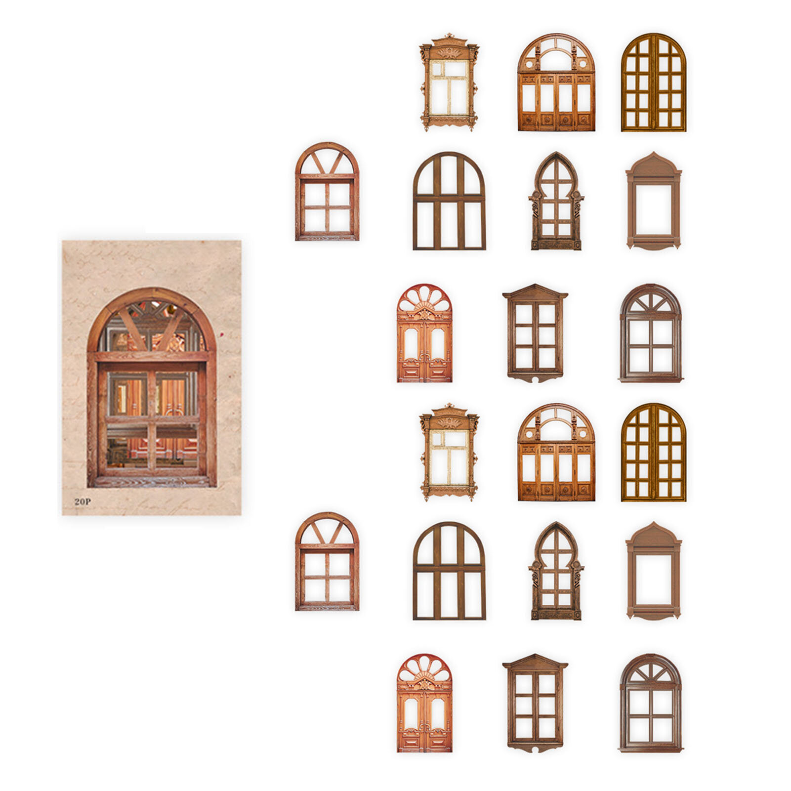20 листов винтажной бумаги с изображением полых окон и дверей для декоративных открыток и коллажей, идеально подходящих для ведения дневника и скрапбукинга.