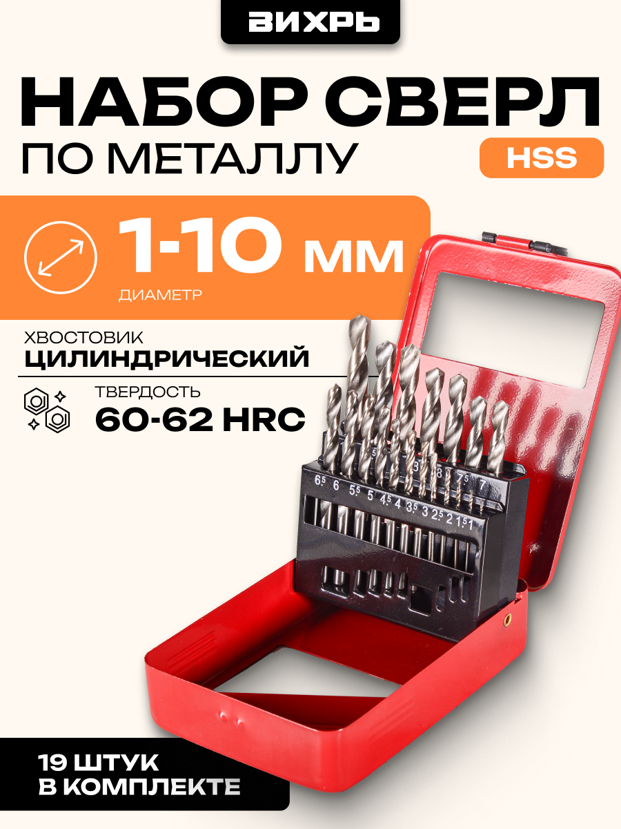 Набор сверл по металлу,1-10мм (через 0,5мм), HSS, 19шт, металл. коробка, цилиндрический хвостовик Вихрь