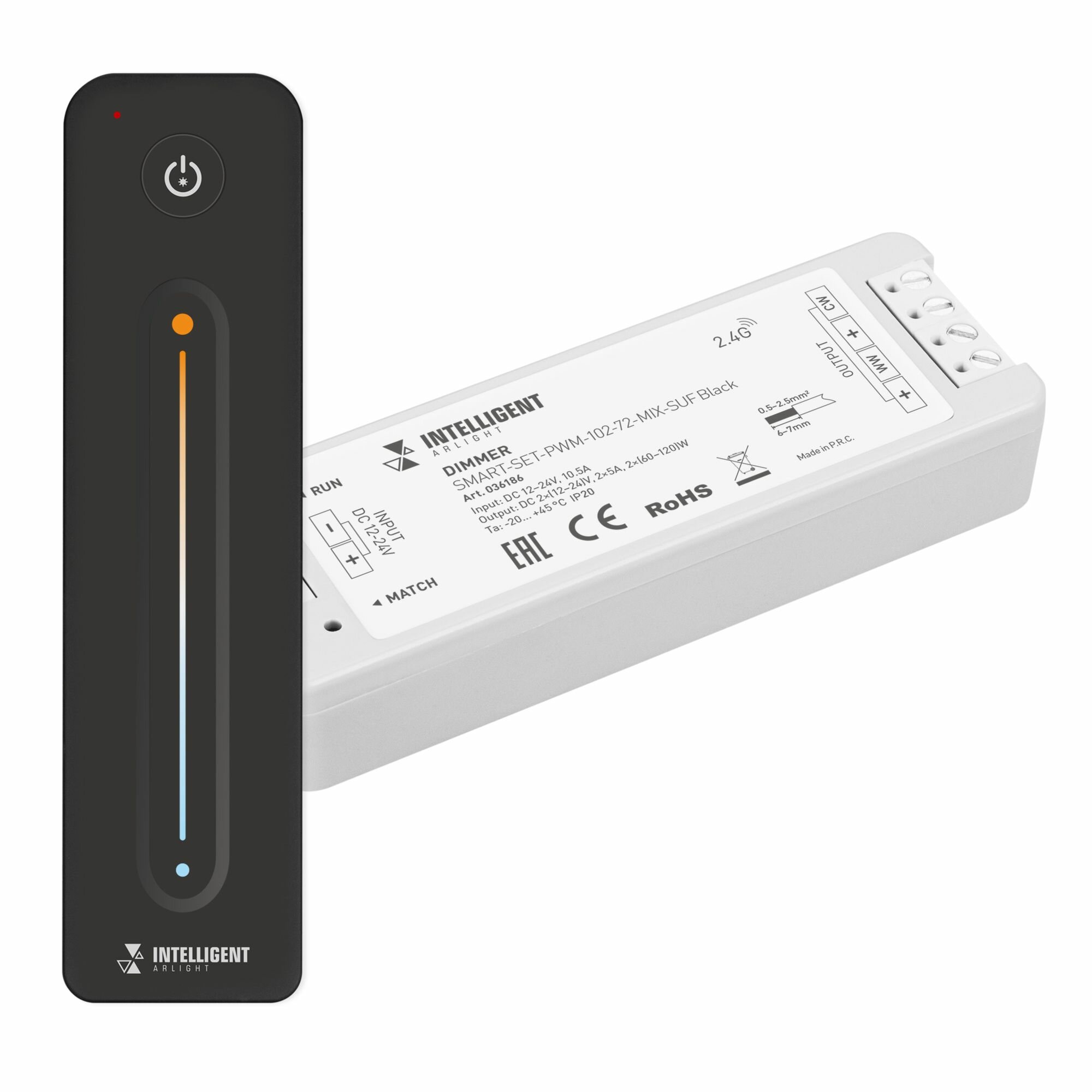 INTELLIGENT ARLIGHT Диммер SMART-SET-PWM-102-72-MIX-SUF Black (12-24V, 2x5A, ПДУ LINE, 2.4G) (IARL, IP20 Пластик, 5 лет)
