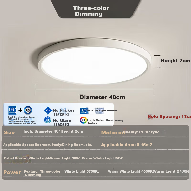 Dengling Full Spectrum Eye-Caring LED Ultra-Thin Ceiling Light with Three Color Changing for Bedroom, Dining Room, Study Room, Master Bedroom and Guest Bedroom