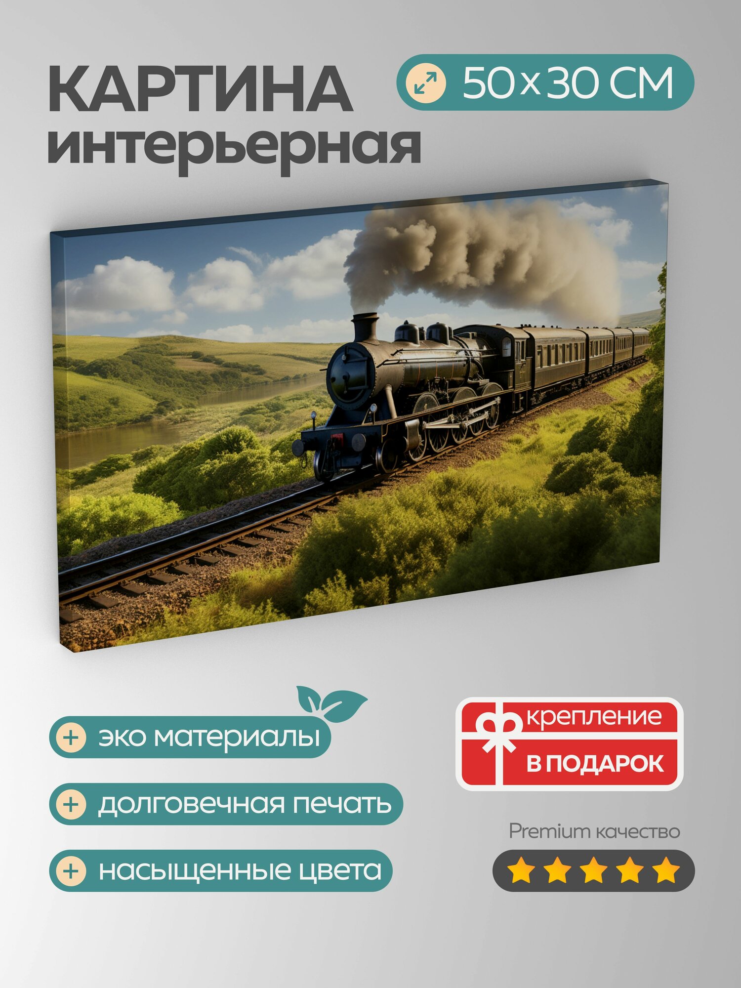 Картина на холсте интерьерная 50х30 см, паровоз, железнодорожные пути, зелень, холмы, локомотив, детали, солнце