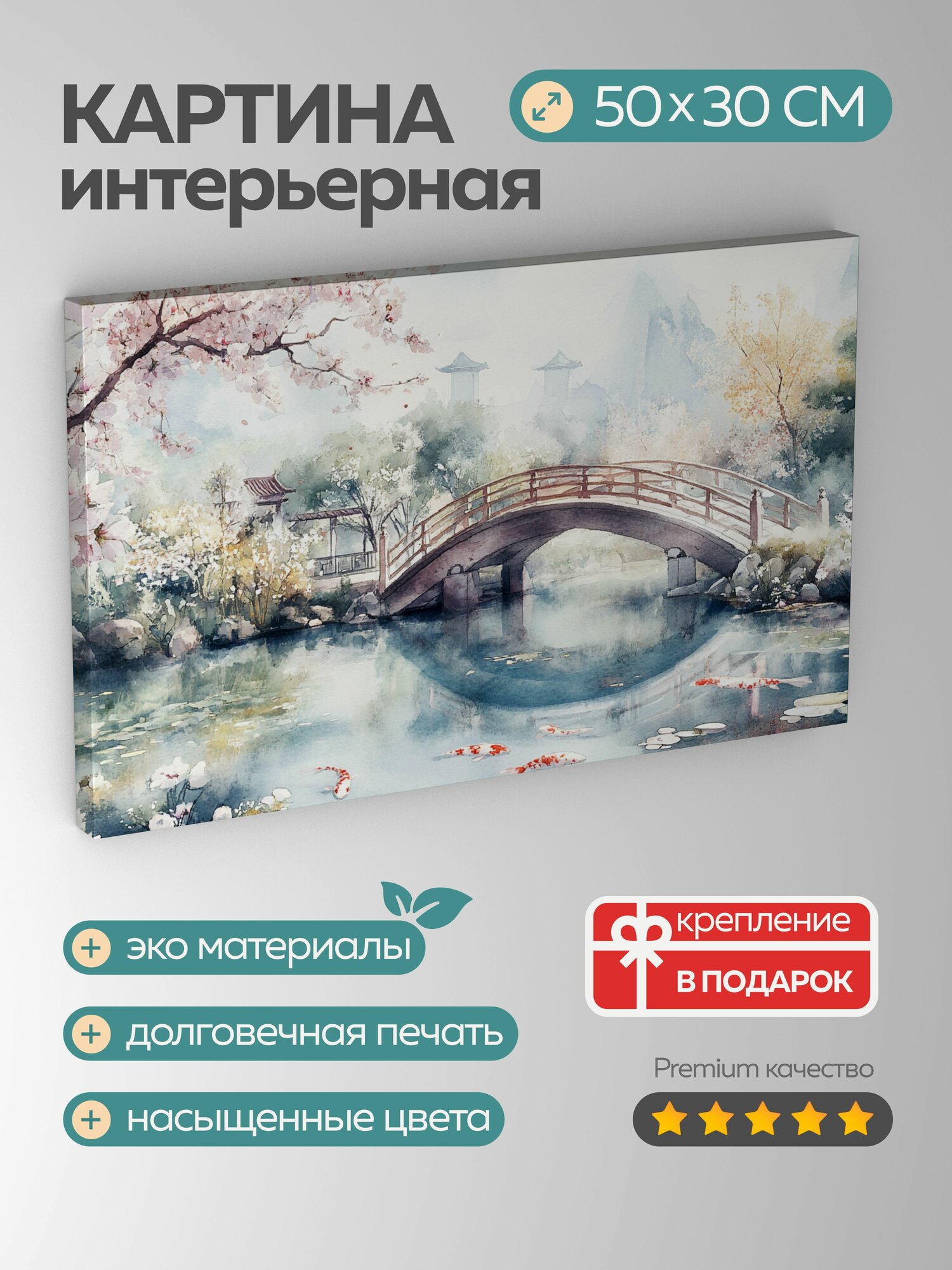 Картина на холсте интерьерная 50х30 см, Акварель, азиатский сад, пруд, карпы, сакура, арочный мост, мечтательная, 5:3