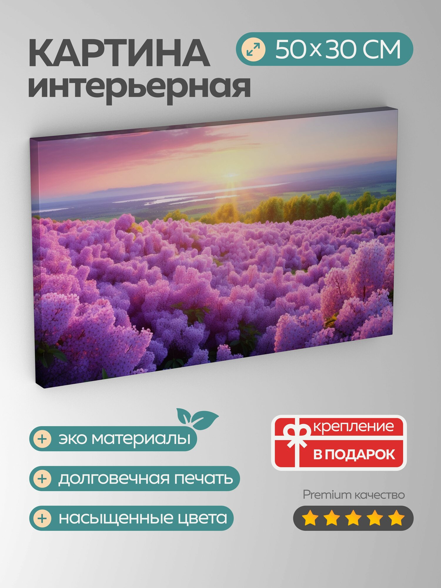 Картина на холсте интерьерная 50х30 см, сиреневый рай, поле, кусты сирени, цветы, гроздья, цвет, текстура, освещение