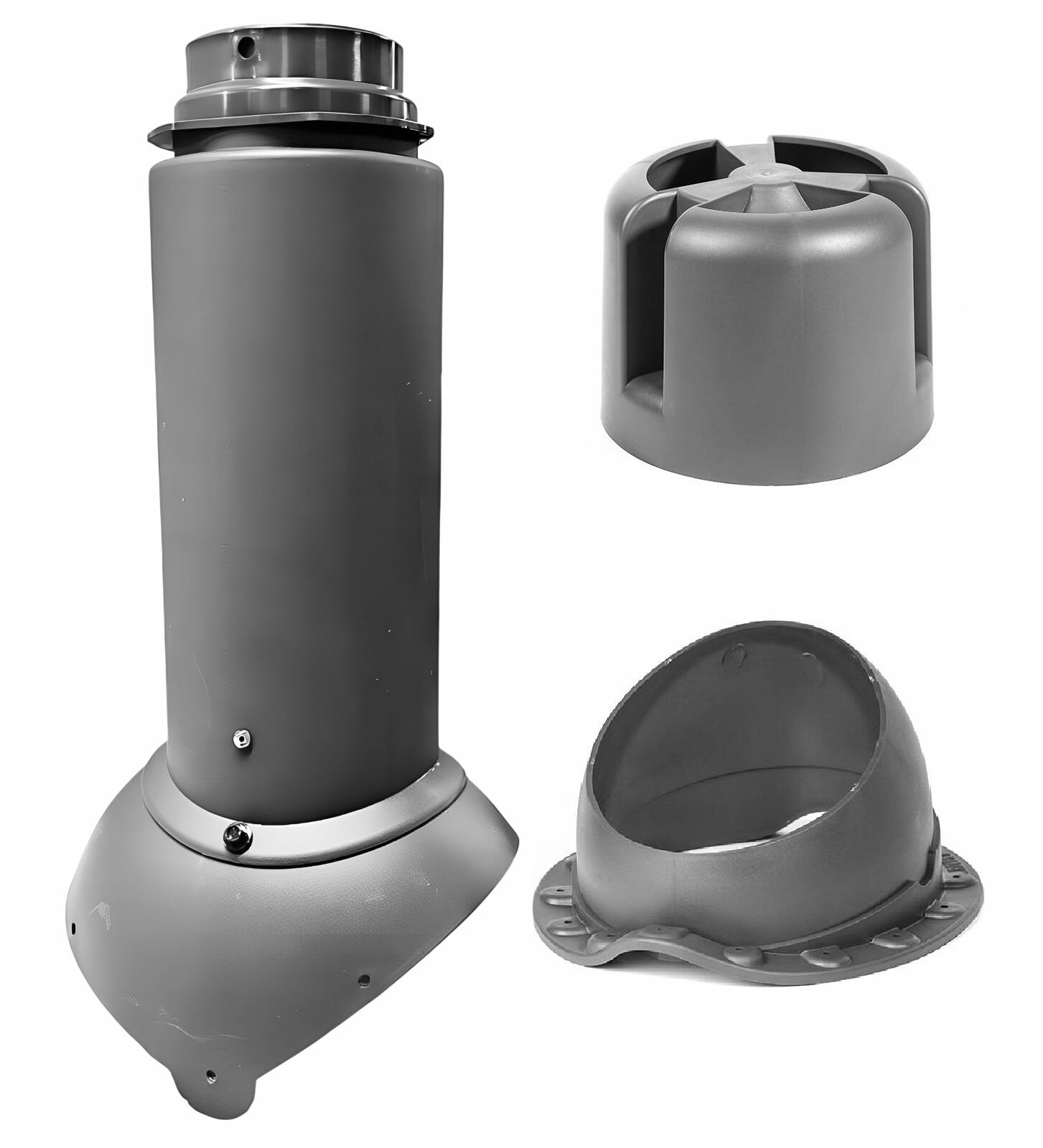 Выход вентиляции для канализации 110/125 NEW мм h-500 (комплект), RAL 7024 (серый), KROVENT, утепленный с колпаком и проходным элементом для металлочерепицы Монтеррей