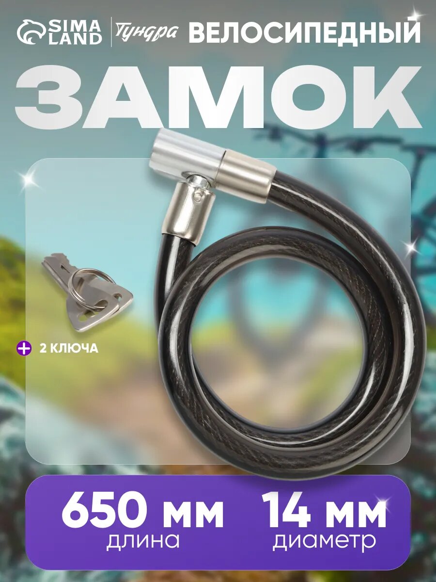 Замок навесной велосипедный тундра, 14х650 мм, 2 ключа , цвет черный