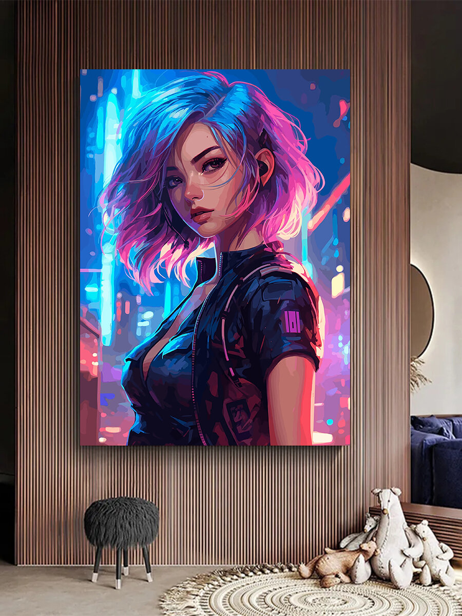 Картина интерьерная на стену - "Девушка аниме хентай неон" , 60х80 см.