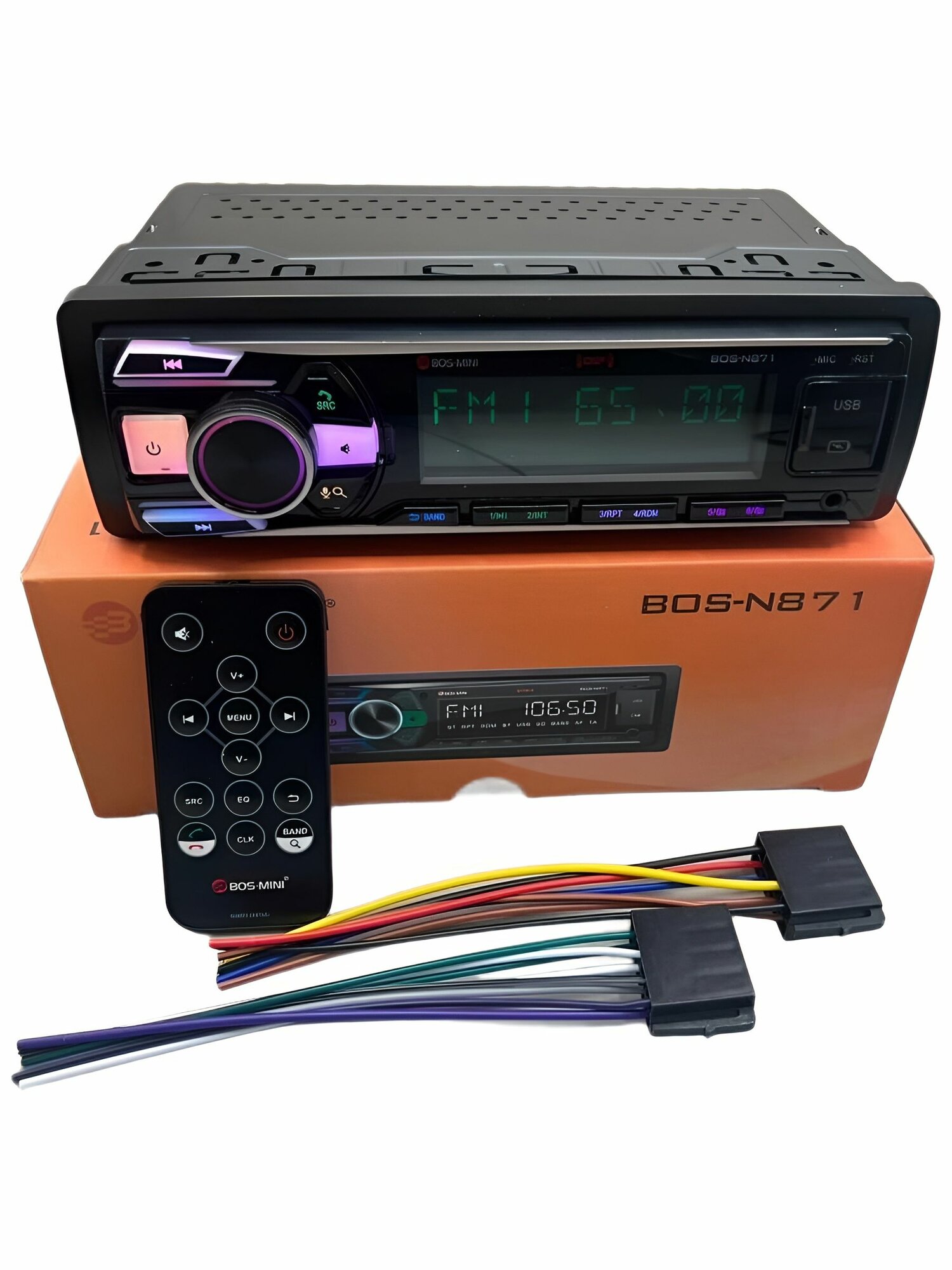 Процессорная магнитола BOS-MINI N871 1DIN 60W, 28 полосный эквалайзер, RDS, Bluetooth, AUX, громкая связь