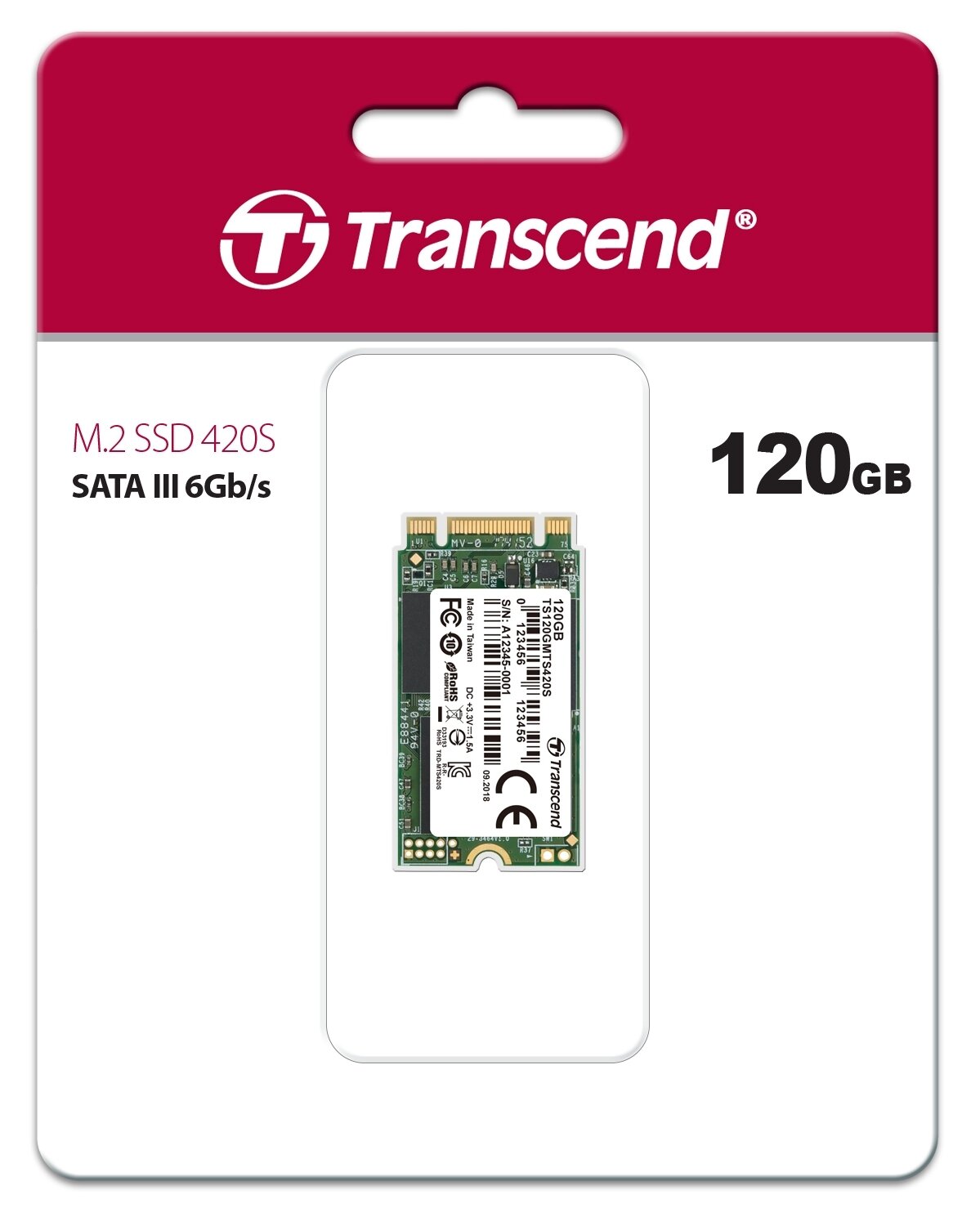 SSD диск M.2 Transcend 120Gb MTS420 (SATA3, up to 560/340MBs, 85000 IOPs, 3D TLC, 22х42мм)