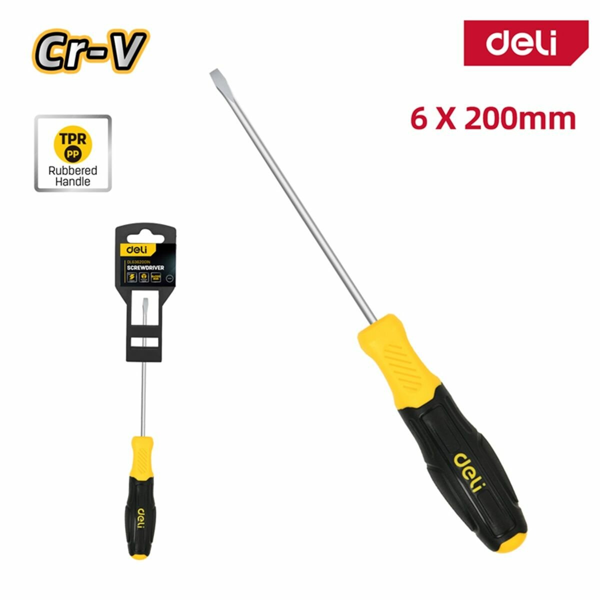 Шлицевая отвертка SL6х200мм Deli DL6362001N сталь Cr-V, двухкомпонентная прорезиненная рукоять
