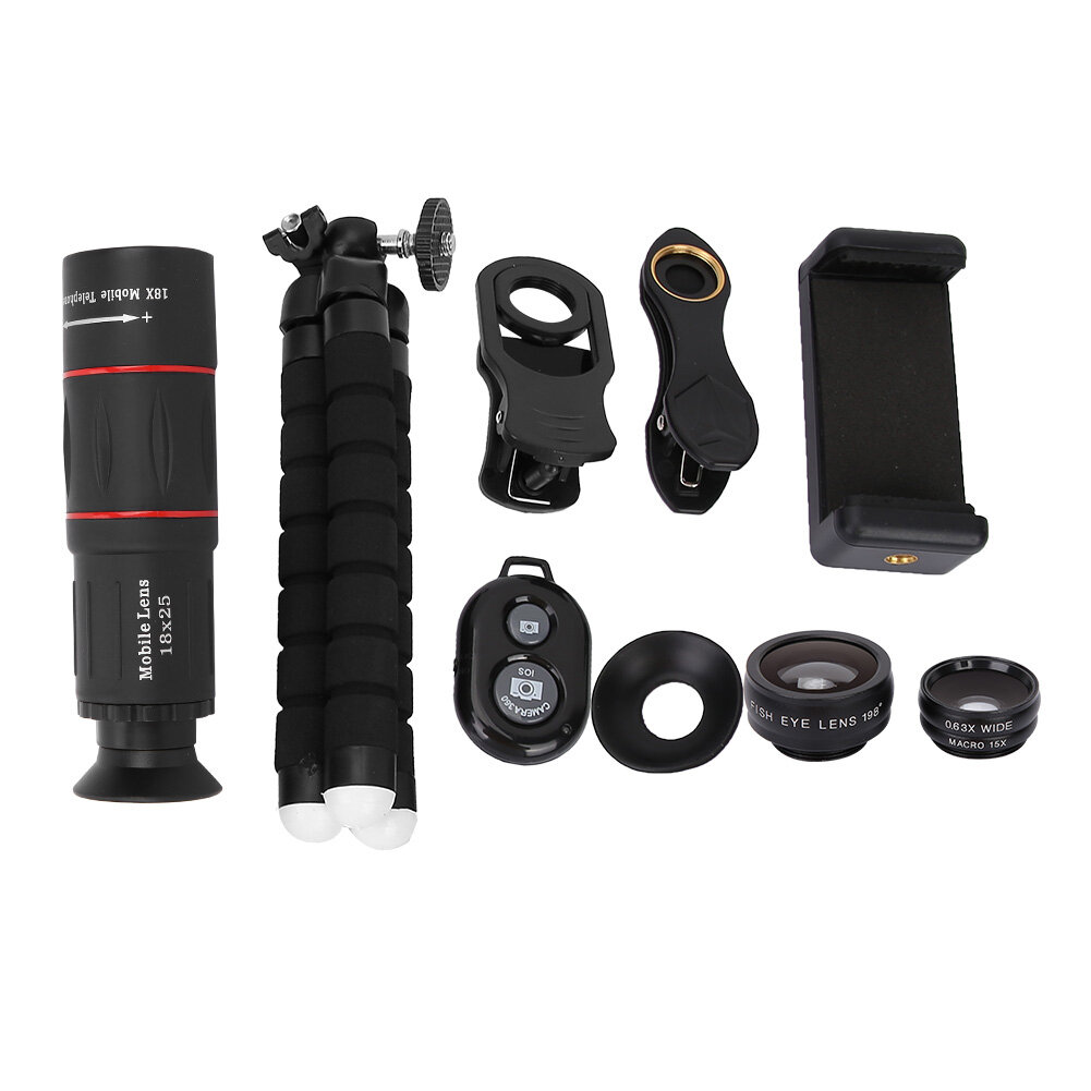 Apexel 18x Long Focus Focus Fisheye Широкологический макроугольный макро 4-в-1 Универсальная внешняя камера.