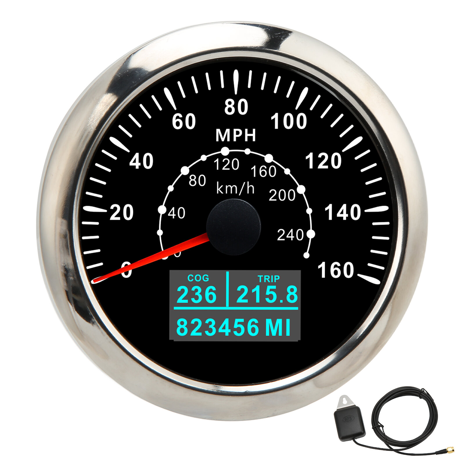 GPSспидометр 85MM, 0160MPH/0240KM/H, LCDэкран, IP67, универсальный, DC932V, чёрный
