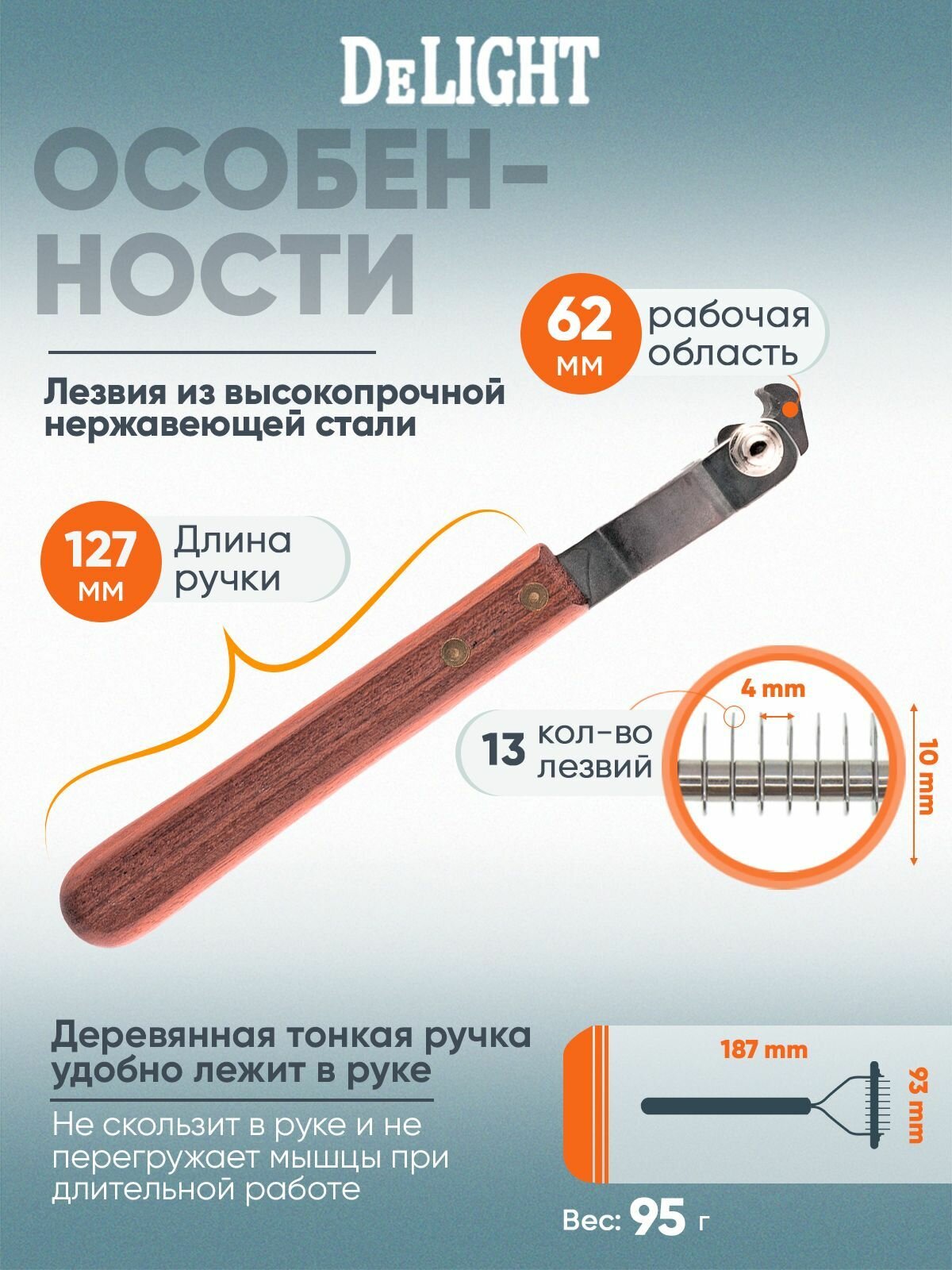 Стриппинг для густого подшерстка DeLIGHT Y-широкий, 13 лезвий, 4366213