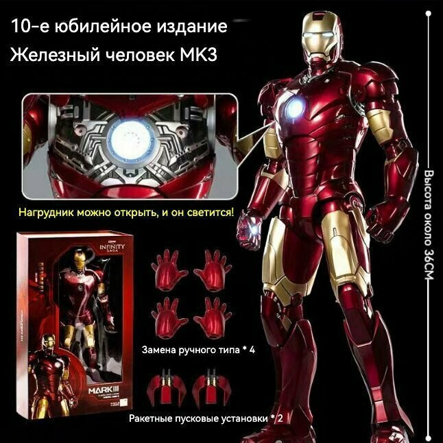 Железный человек, Marvel 10th Anniversary Edition Iron Man Mark 3, светящаяся игрушка ручной работы, 36 см, ZD TOYS