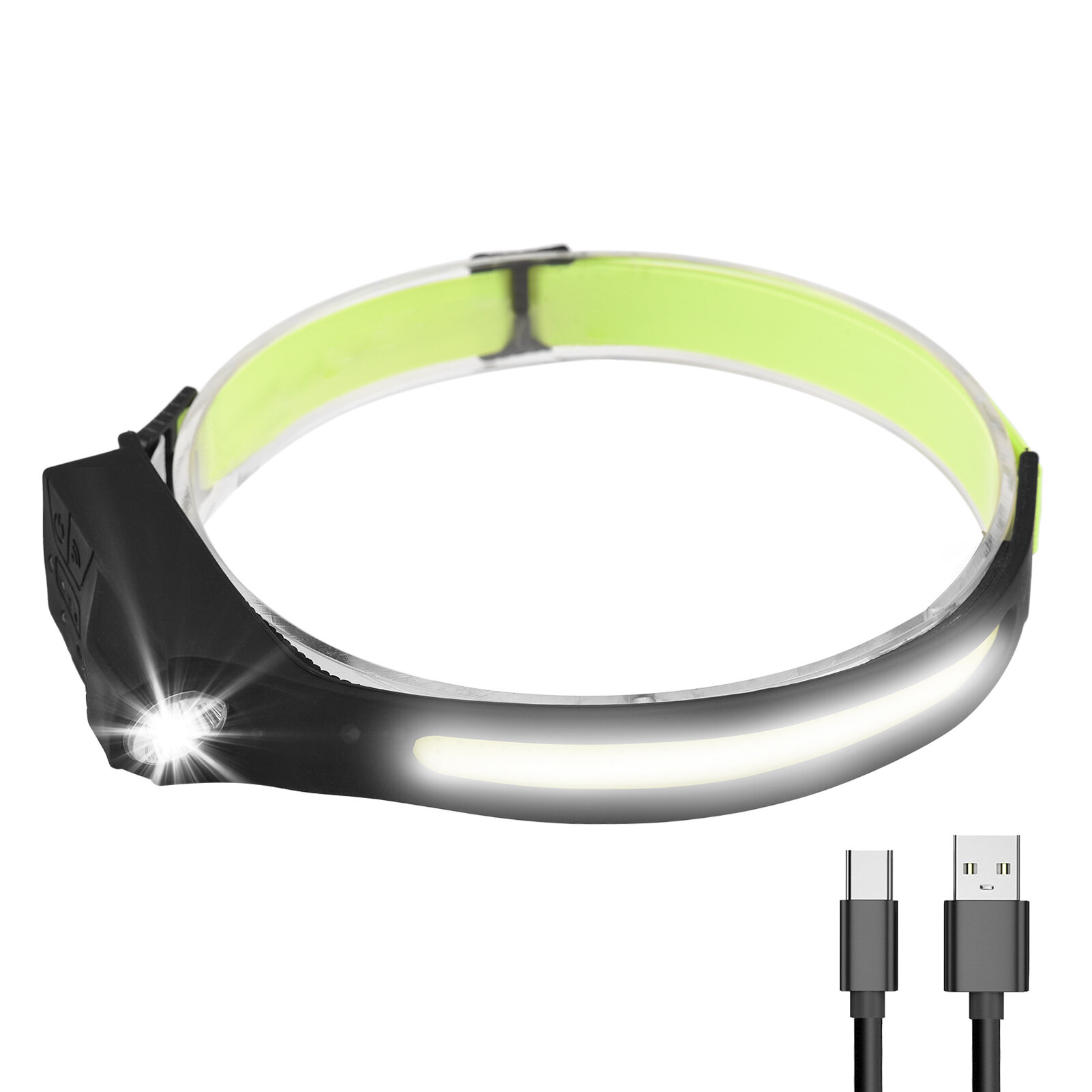 Светодиодный налобный фонарь с датчиком движения, перезаряжаемый через USB, с 7 режимами работы и широким лучом 230°, подходит для кемпинга, велоспорта, походов, бега и ходьбы.