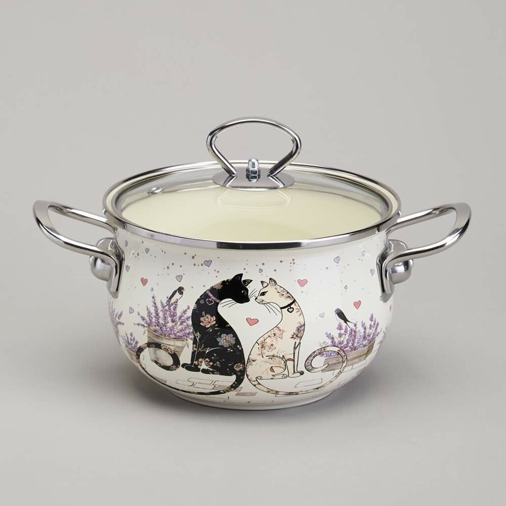Кастрюля эмаль 2л «Lavander cats» с декоративным рисунком, стеклянной крышкой