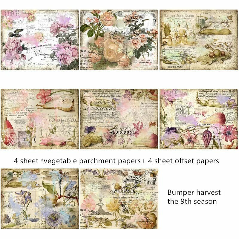 Набор из 8 листов винтажной рисовой и офсетной бумаги А5 Розовый, Bumper harvest