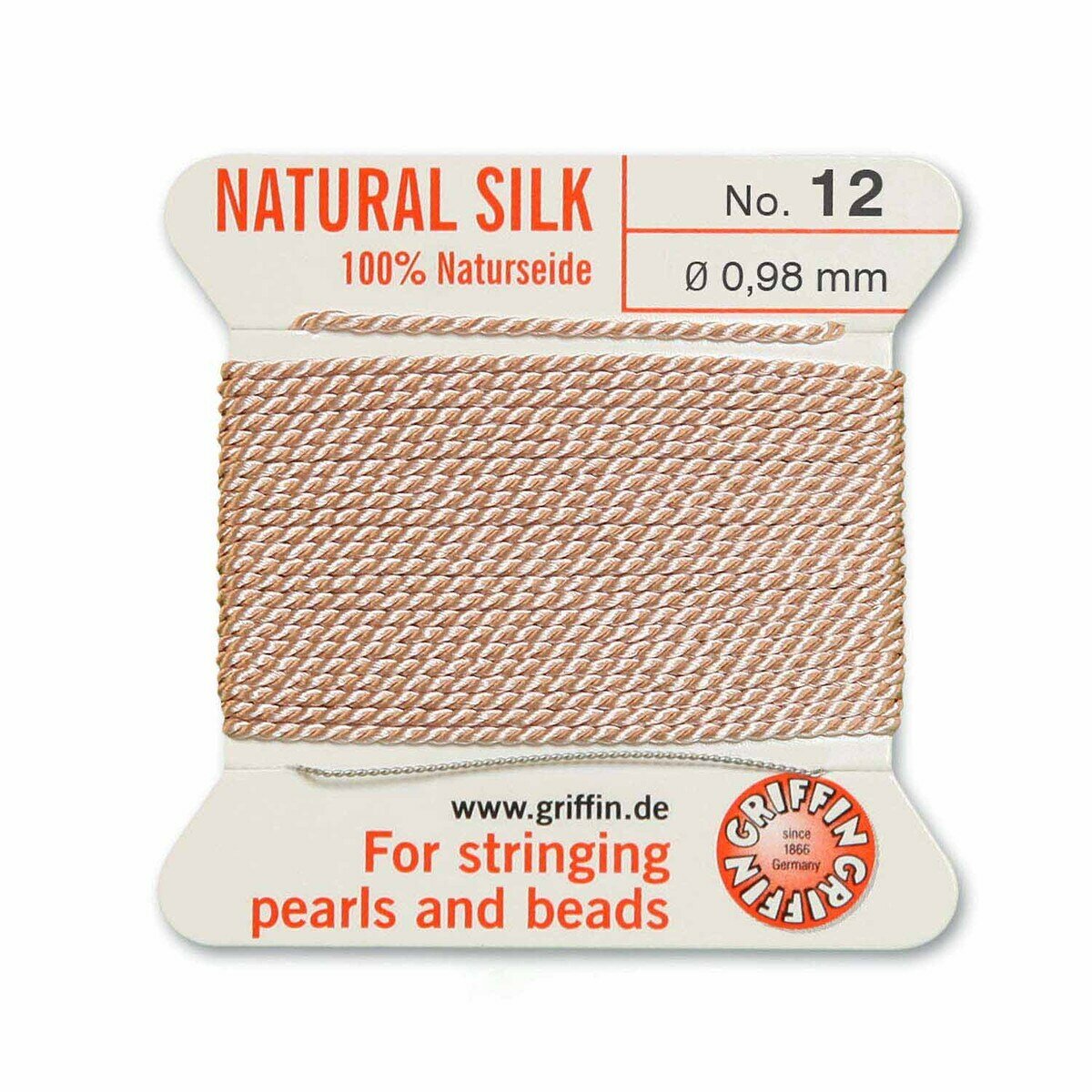 Нить шелковая, Griffin No.12 (0.98мм), розово-бежевая, с иглой, моток, 2 метра