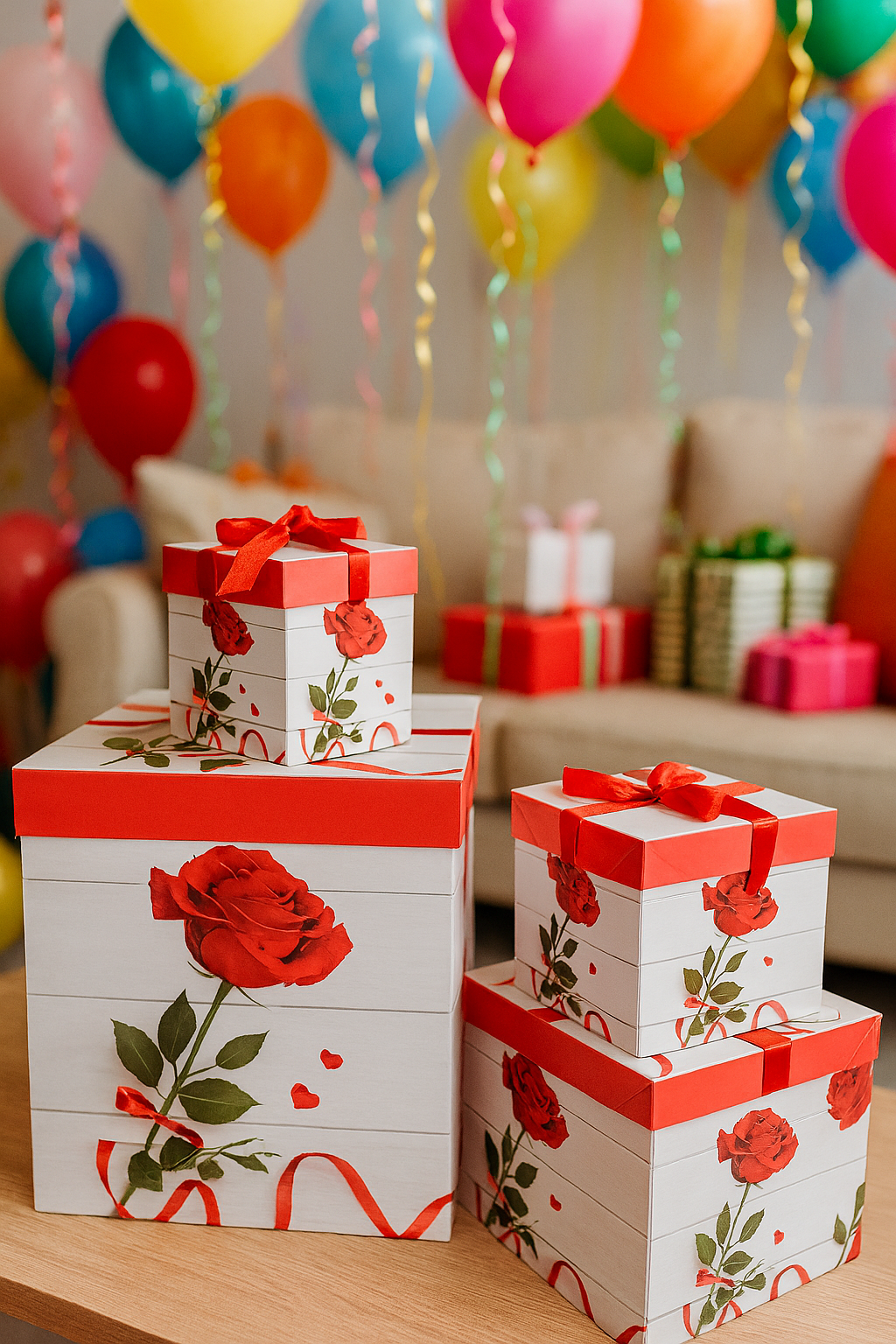 Коробки подарочные. Раскладные. Набор 4в1. Рисунок роза в подарок.