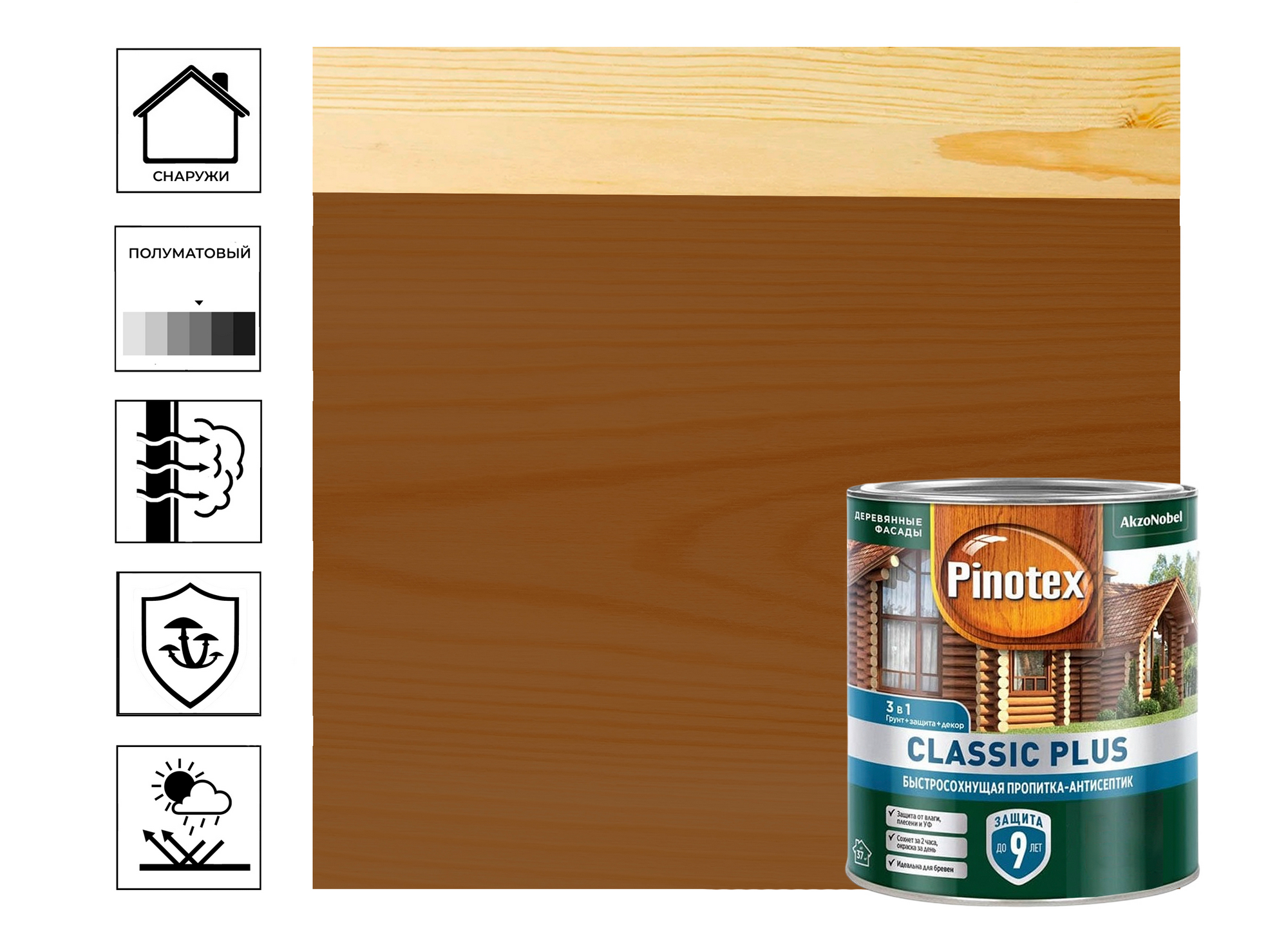 Пропитка-антисептик Pinotex Classic Plus 3 в 1, тиковое дерево, 2,5 л