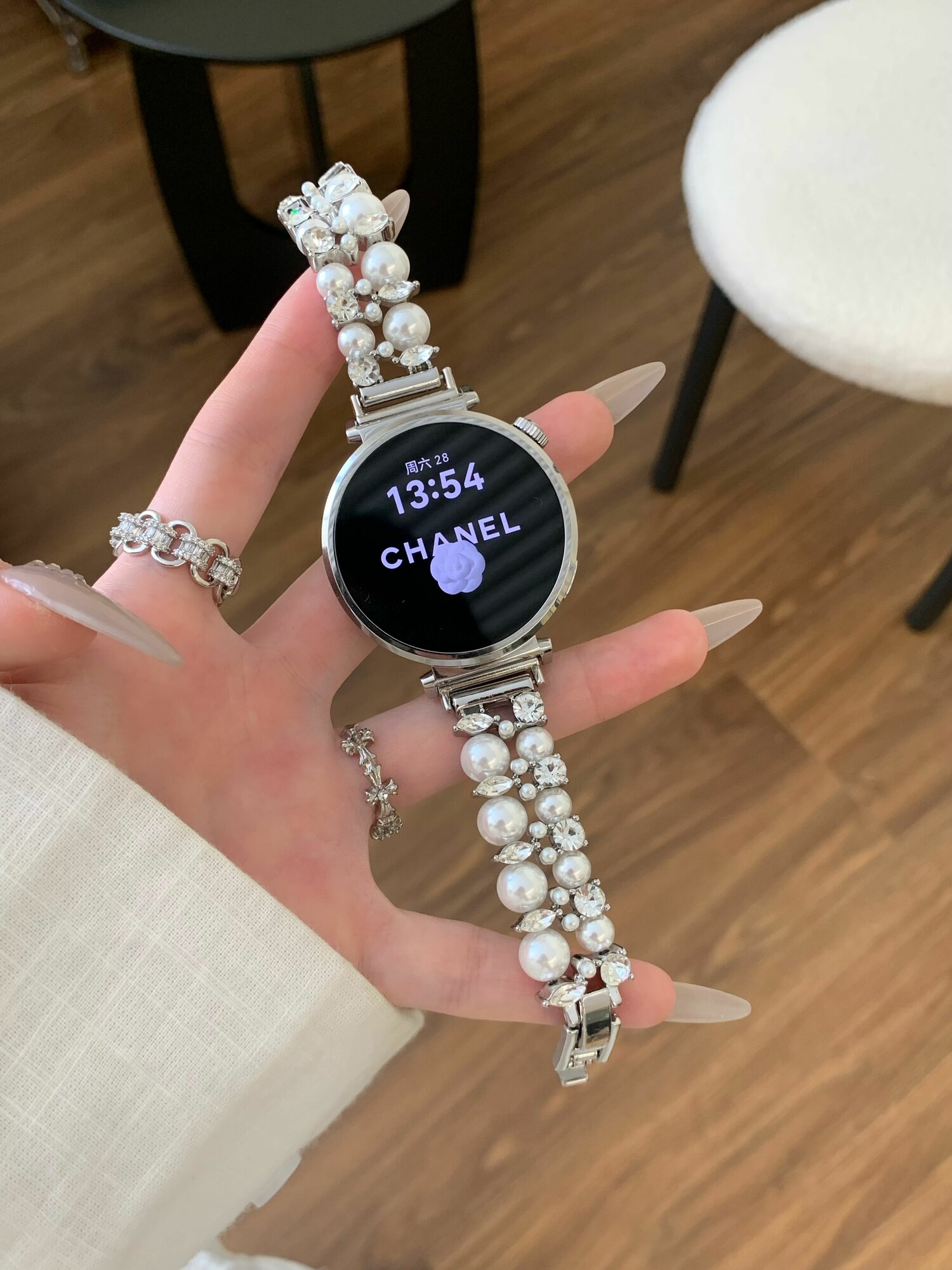 Металлический ремешок для 20мм Samsung Galaxy Watch 4 5 6 7, Жемчужная цепочка с бриллиантами, фитнес браслет, легкая роскошьмодный стиль для смарт-часов 20 мм с бриллиантами