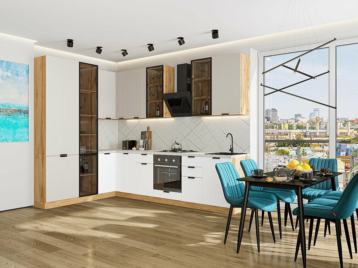 Кухня Евро Лайн-07, цвет фасада Агат/Белый, цвет каркаса Дуб Вотан, 2340*2000/3000*600 мм