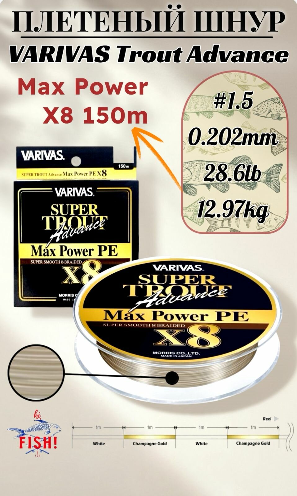 Шнур Varivas Trout Advance Max power PE X8 150m #1.5 (0.202mm/28.6lb/12.97kg)