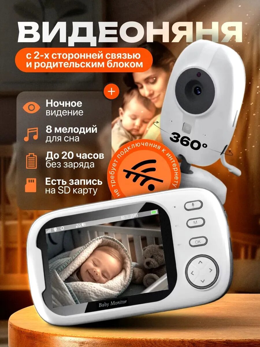 Видеоняня с монитором, беспроводная / Видео няня / Радионяня с двухсторонней связью и автоматическим включением экрана при обнаружении активности или звука