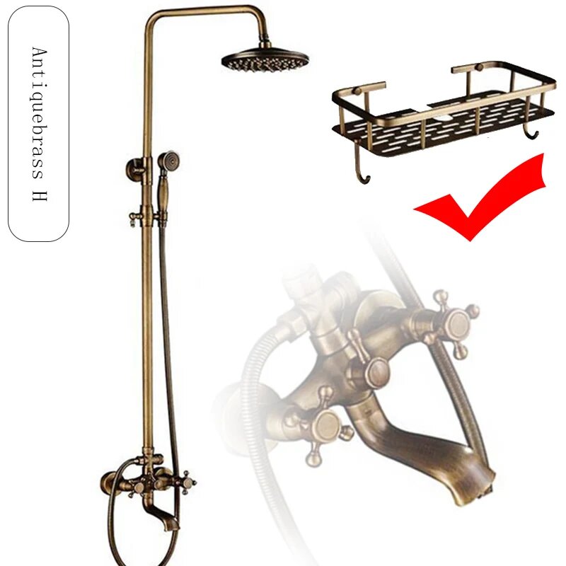 Антикварный латунный настенный смеситель для душа, смеситель для душа, кронштейн для душа с вращающимся изливом на кран горячей и холодной воды градусов, набор керамических ручек, QT1 Shelf
