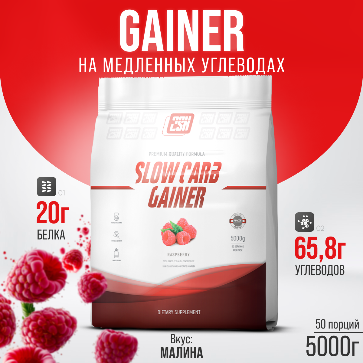 Гейнер + креатин для набора мышечной массы, мышц, похудения 2SN Gainer + creatine 5кг малина