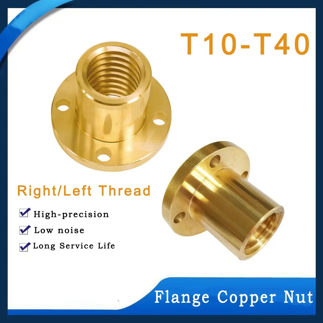 Латунный ходовой винт T10-T40 с гайкой для 3D принтеров T10 Pitch 2mm, Left Thread