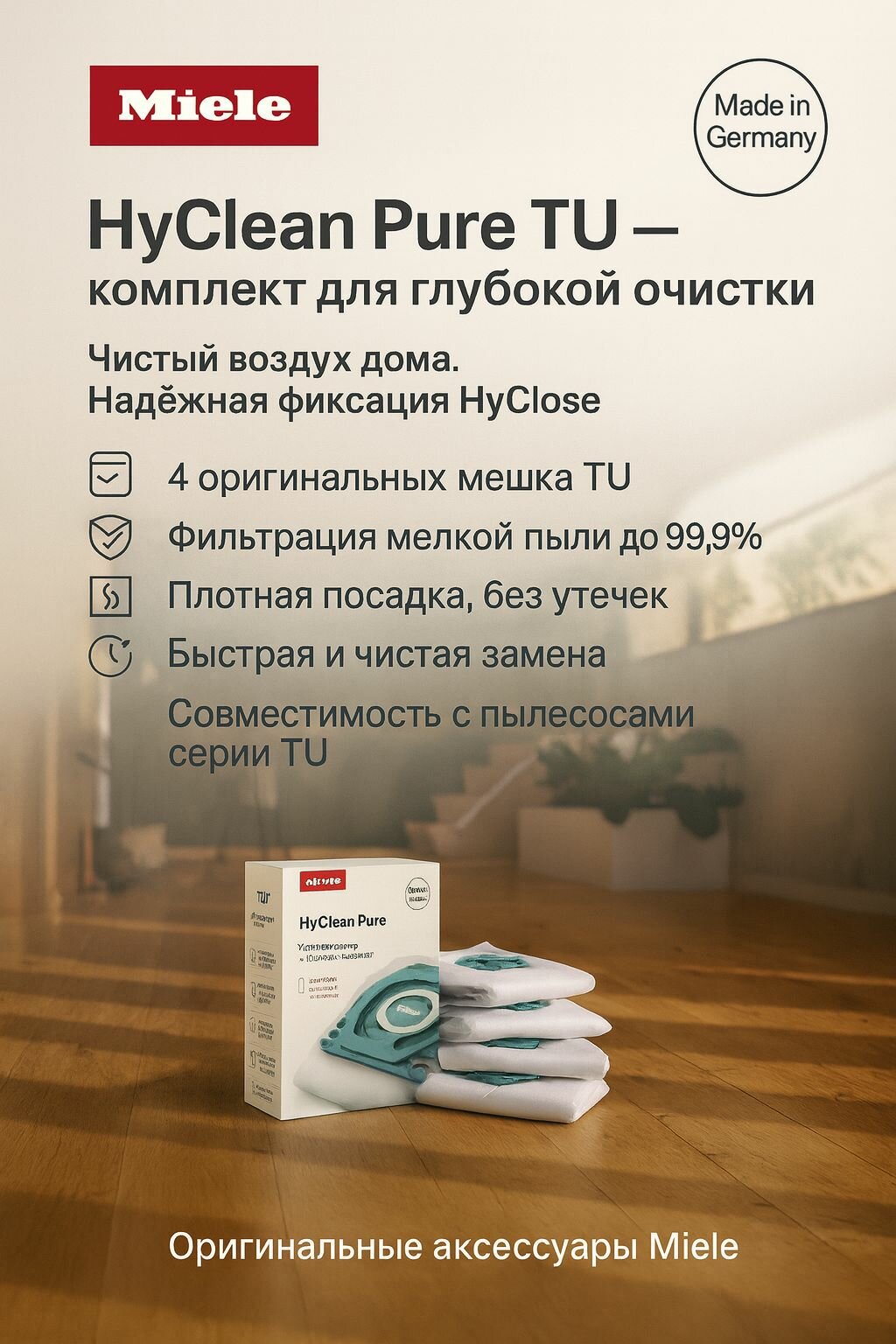 Комплект мешков-пылесборников Miele HyClean Pure TU 3D 4 шт.