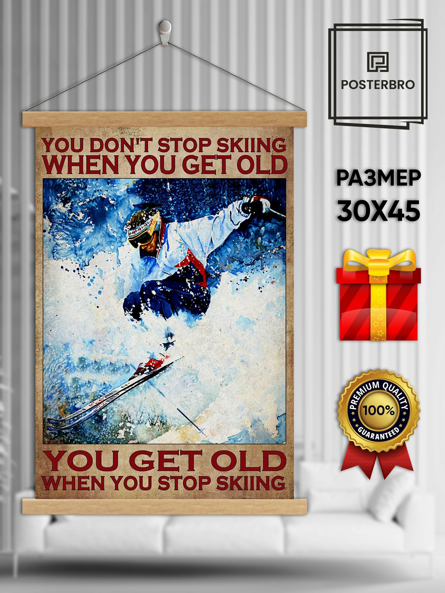 Постер интерьерный с магнитным подвесом Горнолыжный, 30*45 винтажная картина