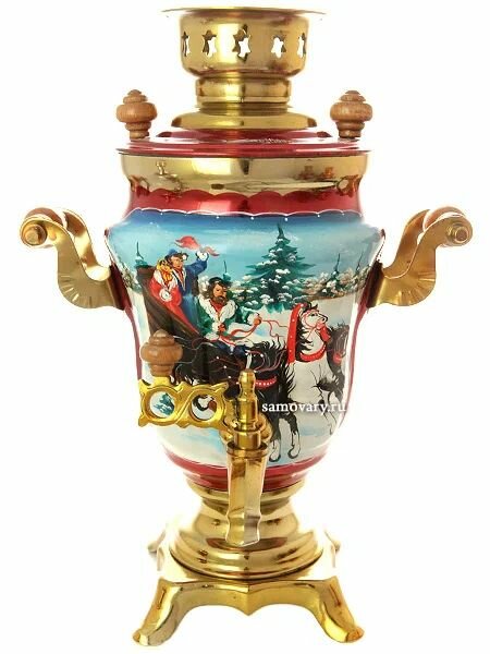 Классический латунный электрический самовар 1.5 л Зимняя тройка , с художественной росписью ручной работ