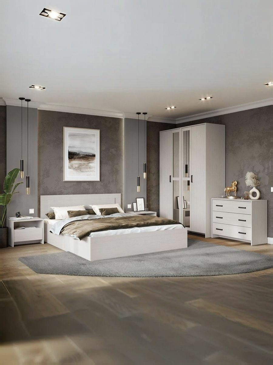 Спальный гарнитур Светлый Лофт, ясень анкор с четырехстворчатым шкафом