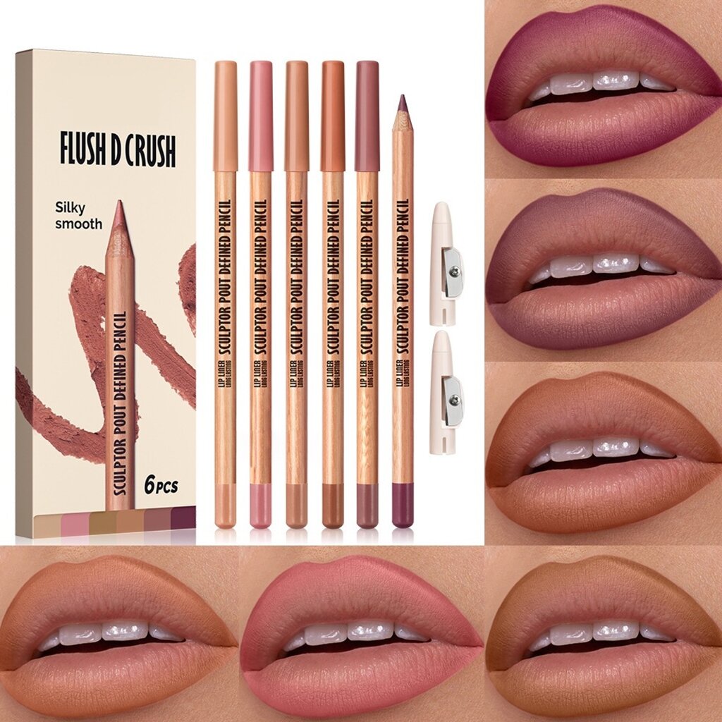 Упаковка из 6 Кремовых Карандашей Для Подводки губ Стойких и Водостойких Для Точного Придания Контура Губам Естественных И Смелых Оттенков